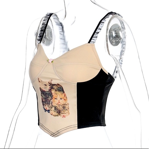 Tops | Tan Black Lace Straps Cats Cropped Corset Top | Poshmark